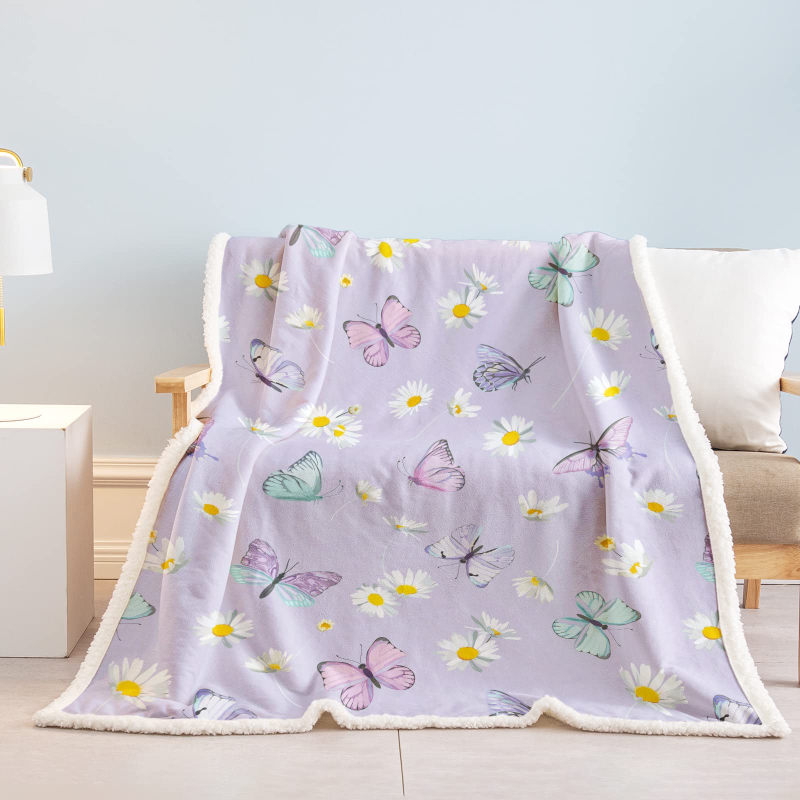 SOULZZZ Purple Butterfly Throw Blanket Pink Green Butterfly Printed Style with Daisies Sherpa Blanket Lightweight Fuzzy Butterflies Twin Blanket for Girls Adults Butterfly Lovers Gifts (60x80 Inches)