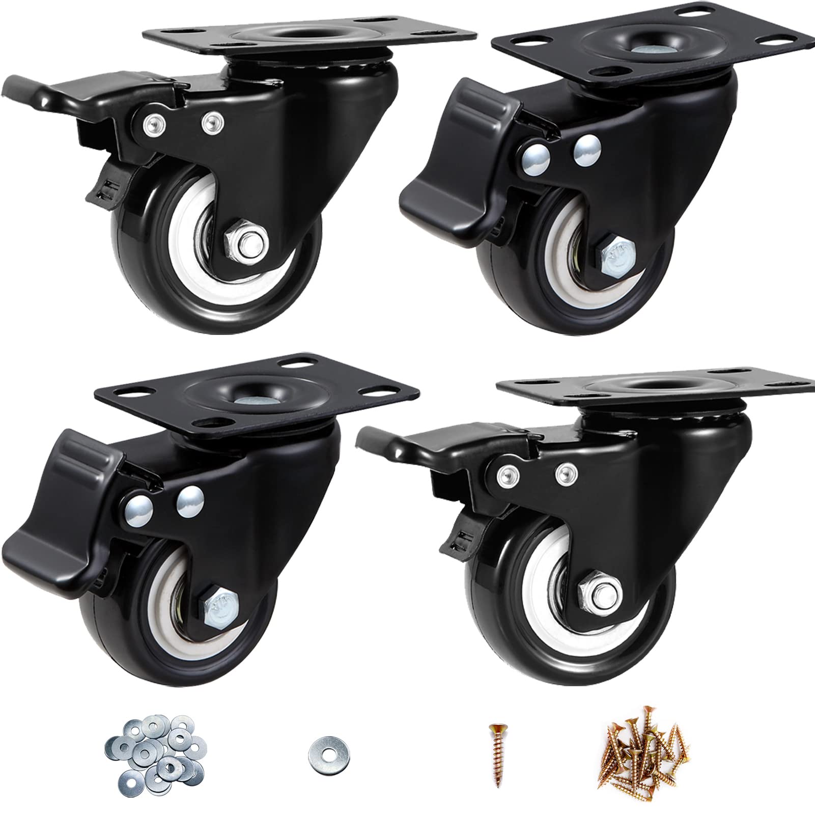 Casters, 2" Caster Wheels，Casters Set of 4 Heavy Duty - ASRINIEY Black Polyurethane Castors, Top Plate Swivel Wheels, 4-Pack Industrial Casters with Brake, Locking Casters for Furniture and Workbench