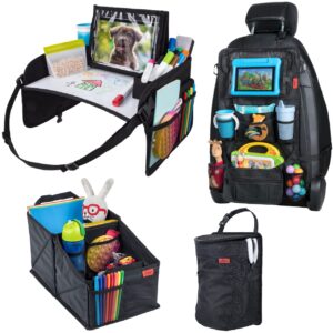 lusso gear "toddler travel time bundle - black - kids travel tray, back seat organizer, car seat organizer, car trash can