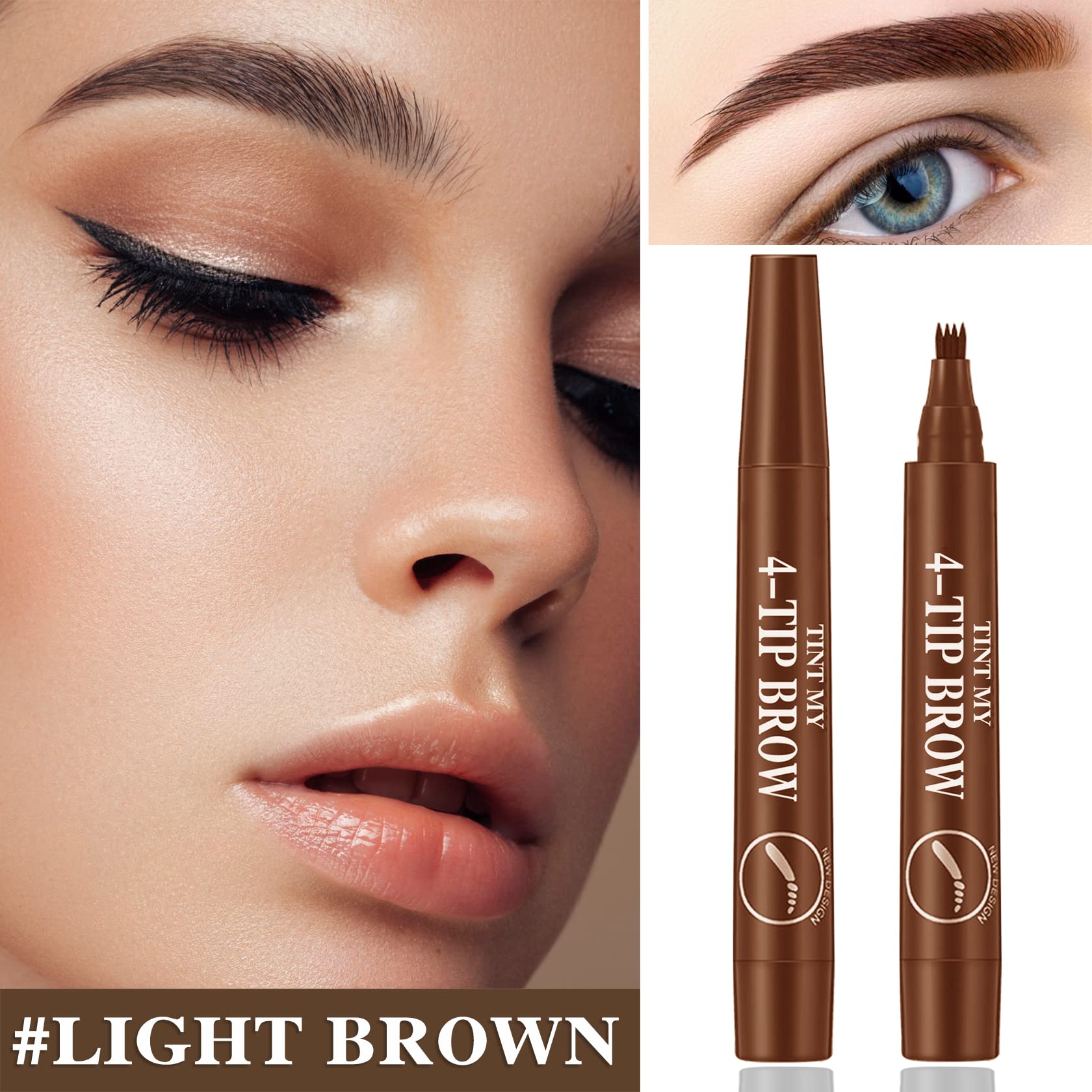 3 Pcs Eyebrow Tattoo Pen Waterproof Microblading Eyebrow Pencil Long Lasting Brow Pen with a Micro-Fork Tip Applicator,Easily Create Natural Charming Eyebrow Makeup(Light Brown)