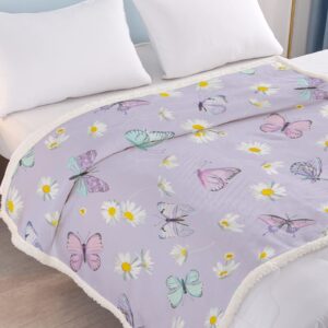 SOULZZZ Purple Butterfly Throw Blanket Pink Green Butterfly Printed Style with Daisies Sherpa Blanket Lightweight Fuzzy Butterflies Twin Blanket for Girls Adults Butterfly Lovers Gifts (60x80 Inches)