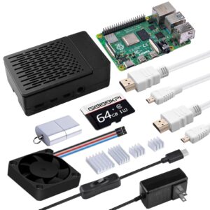 geeekpi starter kit for raspberry pi 4 4gb, with raspberry pi 4, case, 64gb card, card reader, hdmi cables and 18w usb c power supply