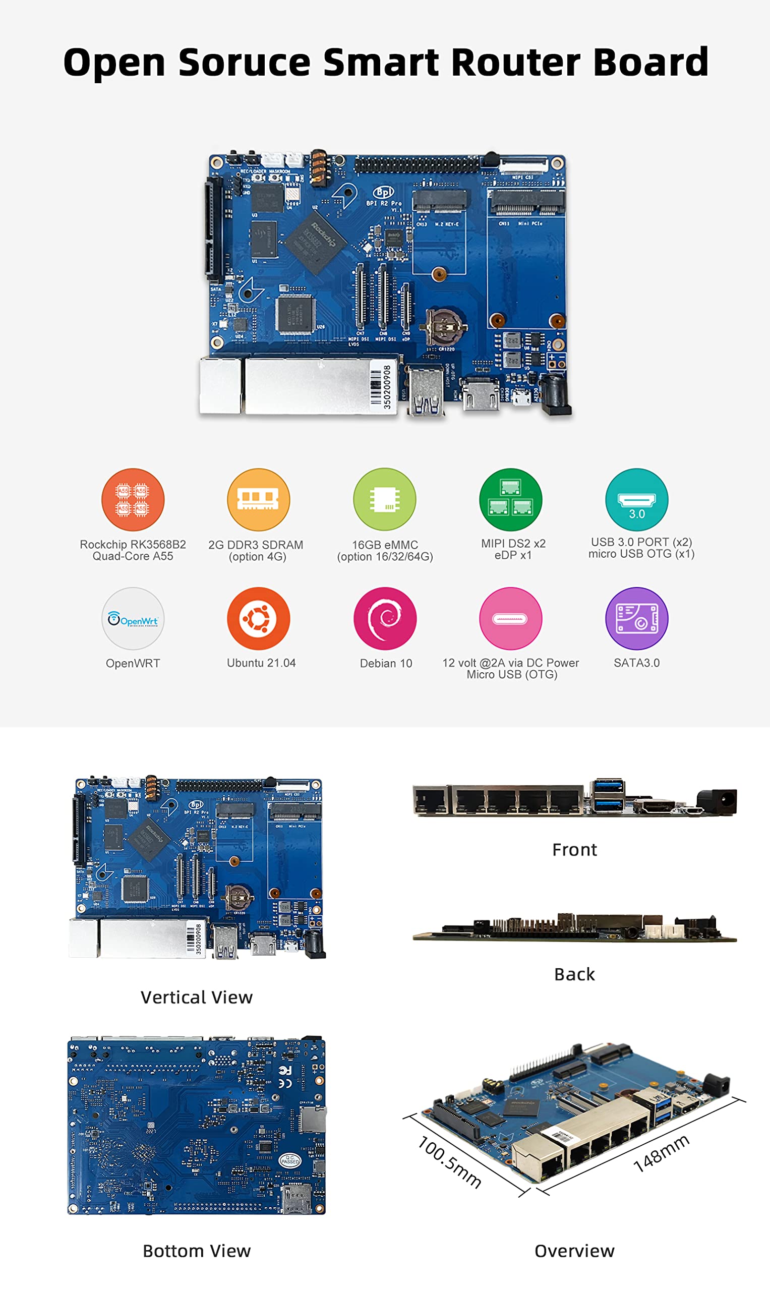 Banana Pi R2 Pro Smart WiFi Router Quad-core Cortex-A55 2GHz Dual Band Wireless Router Rockchip RK3568 with 2GB LPDDR4 +16GB eMMC Storage Support OpenWRT for NAS VPN Server