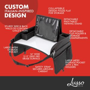 Lusso Gear "Toddler Travel Time Bundle - Gray - Kids Travel Tray, Back Seat Organizer, Car Seat Organizer, Car Trash Can