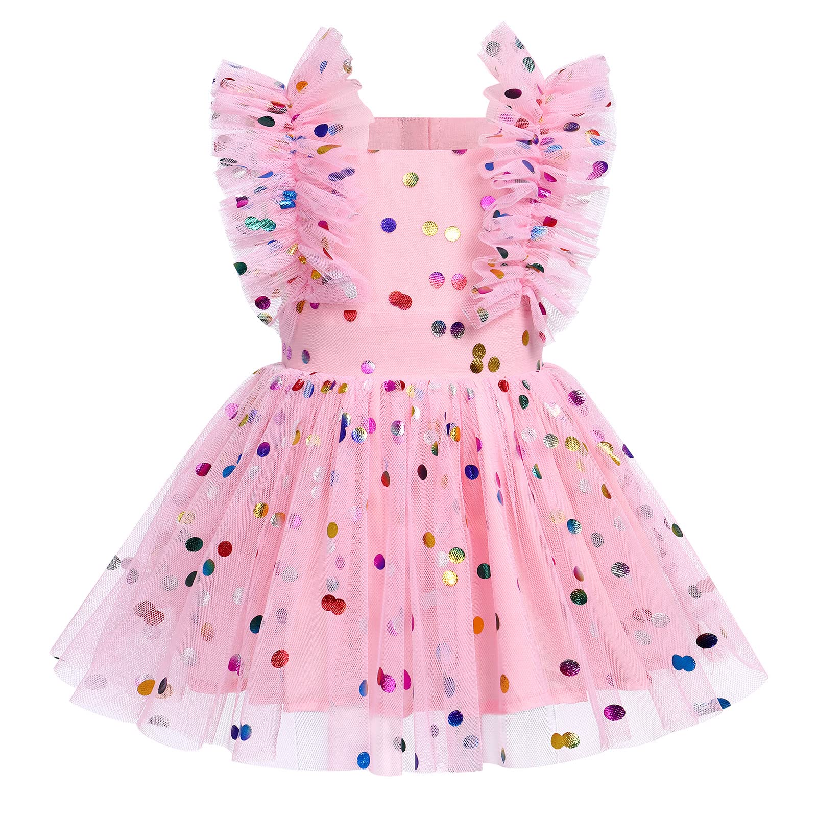 Baby Girls 1st Birthday Colorful Polka Dots Dress Toddler Kids Princess Tutu Dress One Year Old Birthday Cake Smash Baptism Wedding Summer Dresses Newborn Photoshoot Outfit Pink 6-12 Months