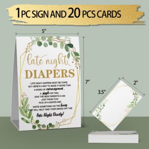 skuhyyg Eucalyptus Late Night Diapers Sign & cards, Gold Cards Diaper Thoughts, Baby Shower Diaper Game Write Funny Inspirational Message(1 Standing Sign + 20 Blank Greeting Cards)