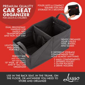 Lusso Gear "Toddler Travel Time Bundle - Gray - Kids Travel Tray, Back Seat Organizer, Car Seat Organizer, Car Trash Can