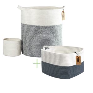 comfy-homi tall rope basket 18x16”（white and grey）and square cotton rope basket 13.5x11x9.5” with handle （white and dark grey）