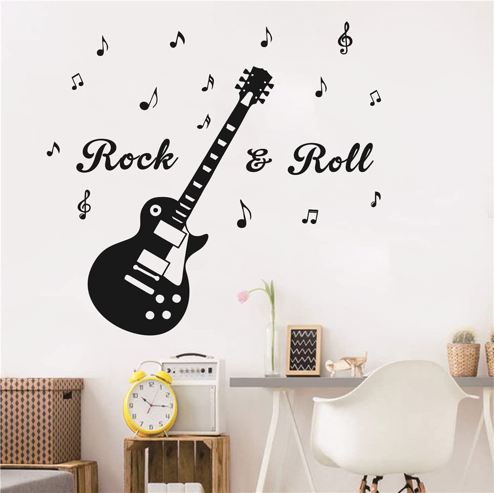 UILMNIY Music Guitar Rock and Roll Wall Decal Home Decor Kids Room Art Music Note Electric Guitar Wall Stickers Vinyl Removable Musical Instrument Wall mural For Boys Room Bedroom Decoration AFN26