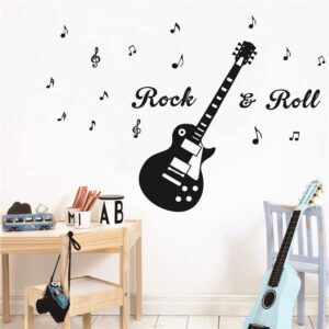 uilmniy music guitar rock and roll wall decal home decor kids room art music note electric guitar wall stickers vinyl removable musical instrument wall mural for boys room bedroom decoration afn26