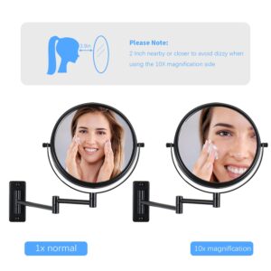 Wall Mounted Makeup Mirror 1x/ 10x Magnifying Mirror 8 Inch 360 Degree Rotating Bathroom Cosmetic Mirror,Reversible Double Sided Personal Vanity Mirror Telescopic Folding Without Dead Ends (Black)