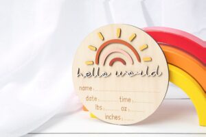 hello world newborn baby announcement | sunshine rainbow name and measurements hospital birth pregnancy gift