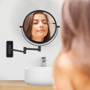 Wall Mounted Makeup Mirror 1x/ 10x Magnifying Mirror 8 Inch 360 Degree Rotating Bathroom Cosmetic Mirror,Reversible Double Sided Personal Vanity Mirror Telescopic Folding Without Dead Ends (Black)