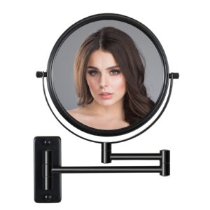 wall mounted makeup mirror 1x/ 10x magnifying mirror 8 inch 360 degree rotating bathroom cosmetic mirror,reversible double sided personal vanity mirror telescopic folding without dead ends (black)