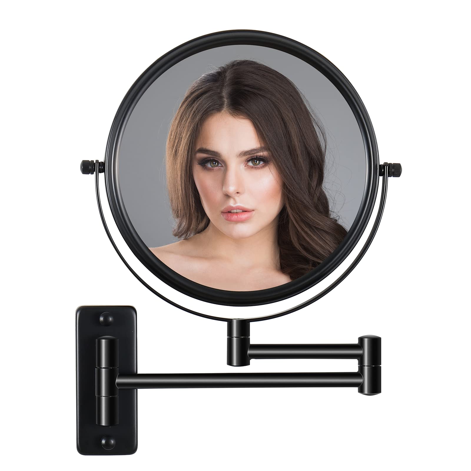 Wall Mounted Makeup Mirror 1x/ 10x Magnifying Mirror 8 Inch 360 Degree Rotating Bathroom Cosmetic Mirror,Reversible Double Sided Personal Vanity Mirror Telescopic Folding Without Dead Ends (Black)