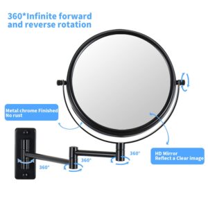 Wall Mounted Makeup Mirror 1x/ 10x Magnifying Mirror 8 Inch 360 Degree Rotating Bathroom Cosmetic Mirror,Reversible Double Sided Personal Vanity Mirror Telescopic Folding Without Dead Ends (Black)