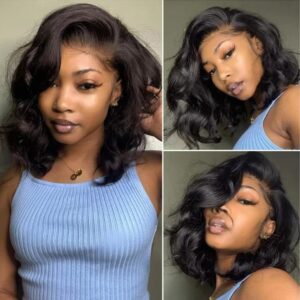 body wave lace front wigs human hair pre plucked with baby hair swiss lace front wigs human hair brazilian 4x4 lace closure human hair wigs natural color for black women 180% density（14inch）