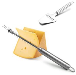 warmhut set of 2 stainless steel wire cheese slicer for block cheese with 2 replacement wires, cheese cutter plane knives for soft, semi-hard, hard cheeses kitchen tool