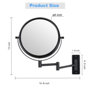 Wall Mounted Makeup Mirror 1x/ 10x Magnifying Mirror 8 Inch 360 Degree Rotating Bathroom Cosmetic Mirror,Reversible Double Sided Personal Vanity Mirror Telescopic Folding Without Dead Ends (Black)