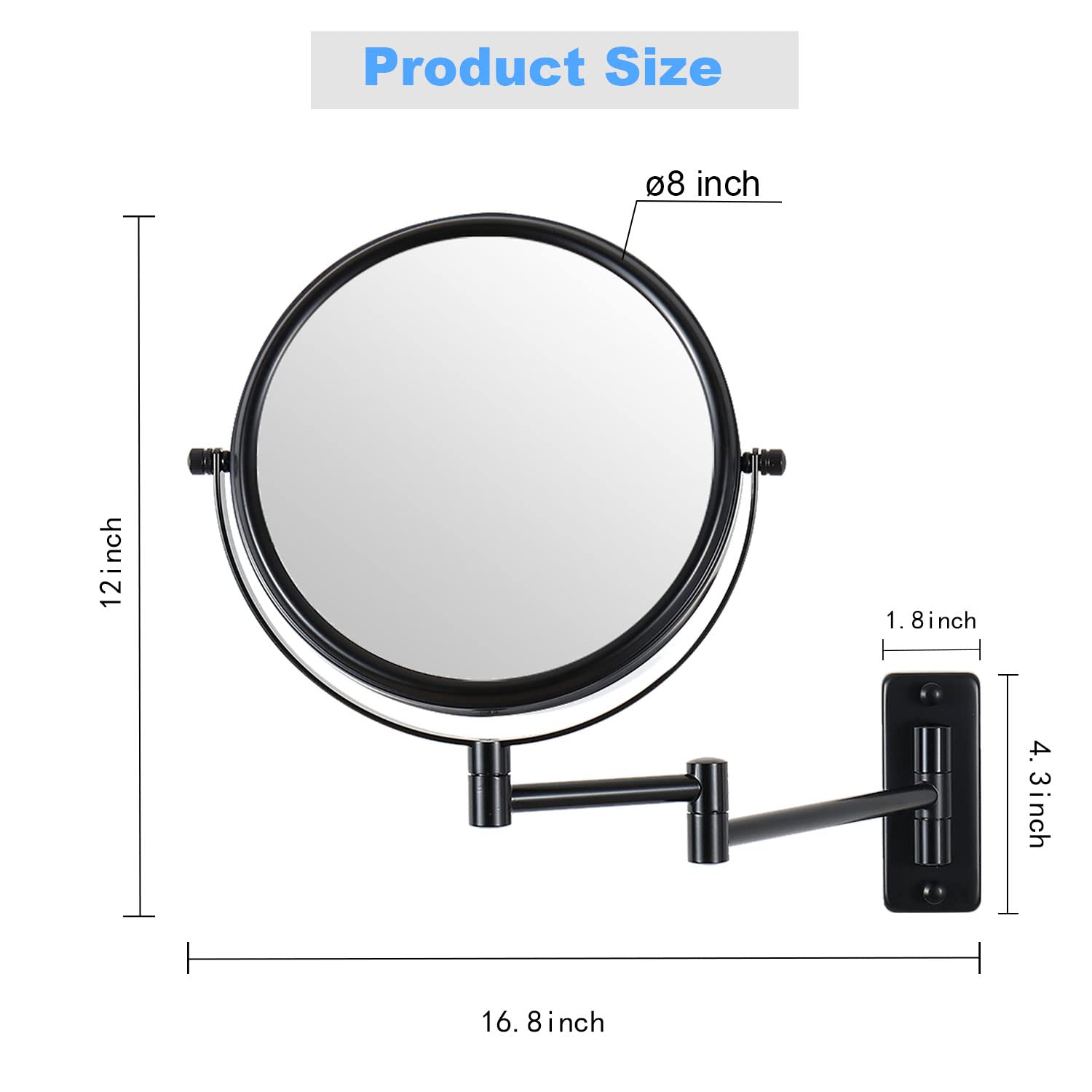 Wall Mounted Makeup Mirror 1x/ 10x Magnifying Mirror 8 Inch 360 Degree Rotating Bathroom Cosmetic Mirror,Reversible Double Sided Personal Vanity Mirror Telescopic Folding Without Dead Ends (Black)