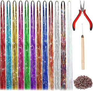 osprey 47-inch hair tinsel extensions kit with tool - 12 vibrant colors and 3000 strands - glittery hair accessories for women and girls - perfect for christmas, new year, halloween, cosplay and party