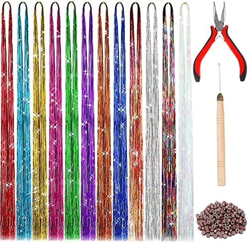 Osprey 47-Inch Hair Tinsel Extensions Kit with Tool - 12 Vibrant Colors and 3000 Strands - Glittery Hair Accessories for Women and Girls - Perfect for Christmas, New Year, Halloween, Cosplay and Party