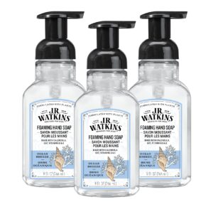 j.r. watkins foaming hand soap with pump dispenser, moisturizing foam hand wash, all natural, alcohol-free, cruelty-free, usa made, ocean breeze, 9 fl oz, 3 pack