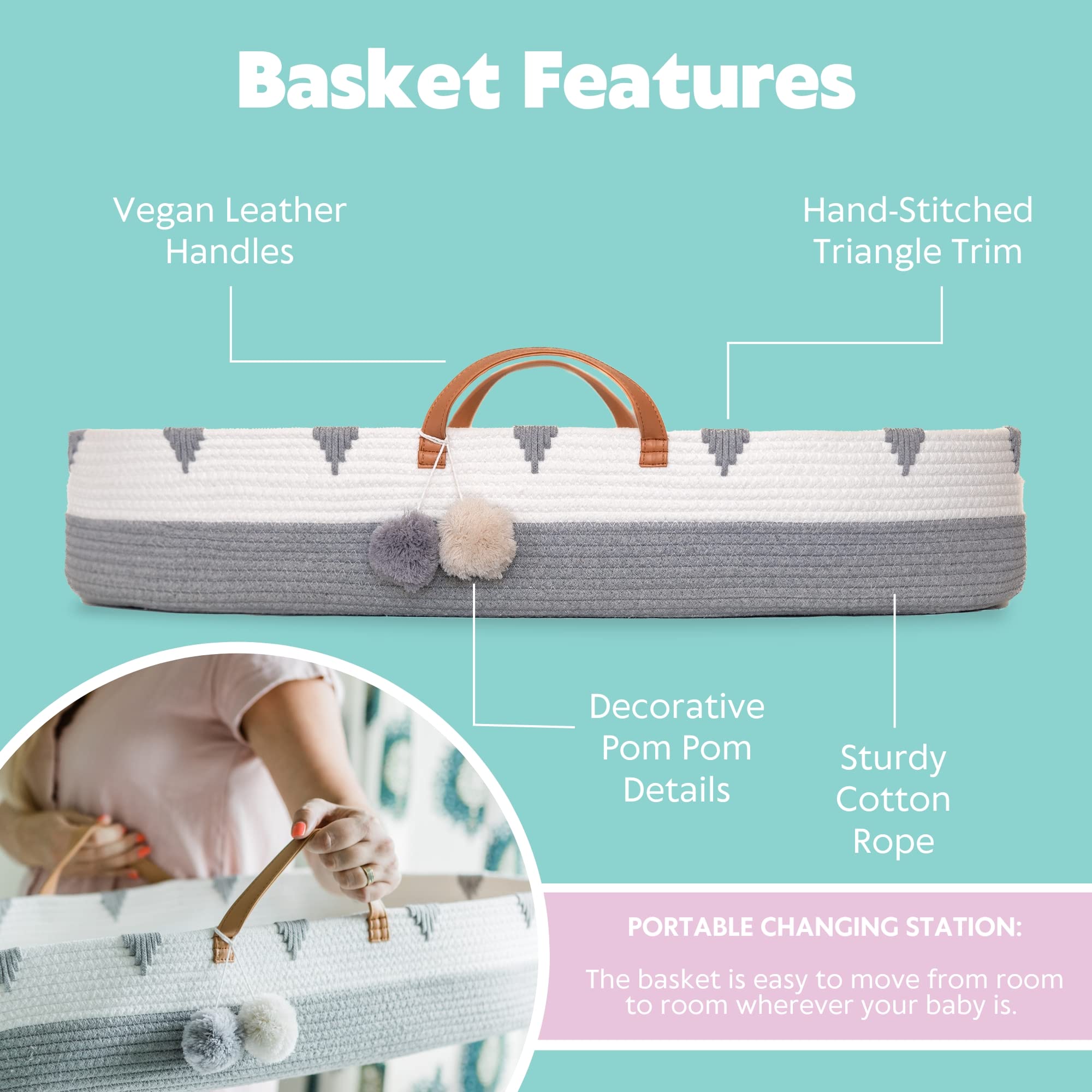 Vesta Baby Woven Cotton Rope Moses Changing Basket Set - Nursery Dresser Table Topper with Soft Foam Pad & 2 Natural Bamboo Waterproof Covers for Easy Diaper Change - Neutral Boho Gray & Beige Décor