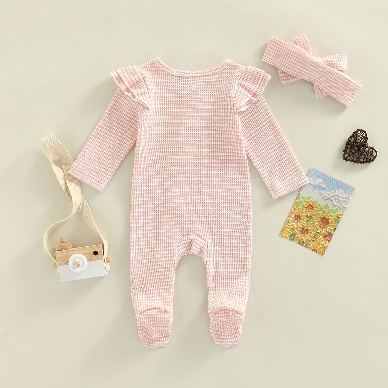 Kuriozud Newborn Baby Girl Striped Sleeper Zipper Footie Romper Ruffle One Piece Outfit Infant Clothes (0-3 Months, Striped Ruffle Pink)