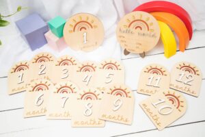 baby monthly milestone growth announcement | hello world | first year | photoshoot | pregnancy gift |wooden cards markers cutout sunshine rainbow boho