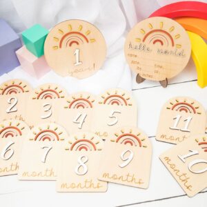 Baby Monthly Milestone Growth Announcement | Hello World | First Year | Photoshoot | Pregnancy Gift |Wooden Cards Markers Cutout Sunshine Rainbow Boho