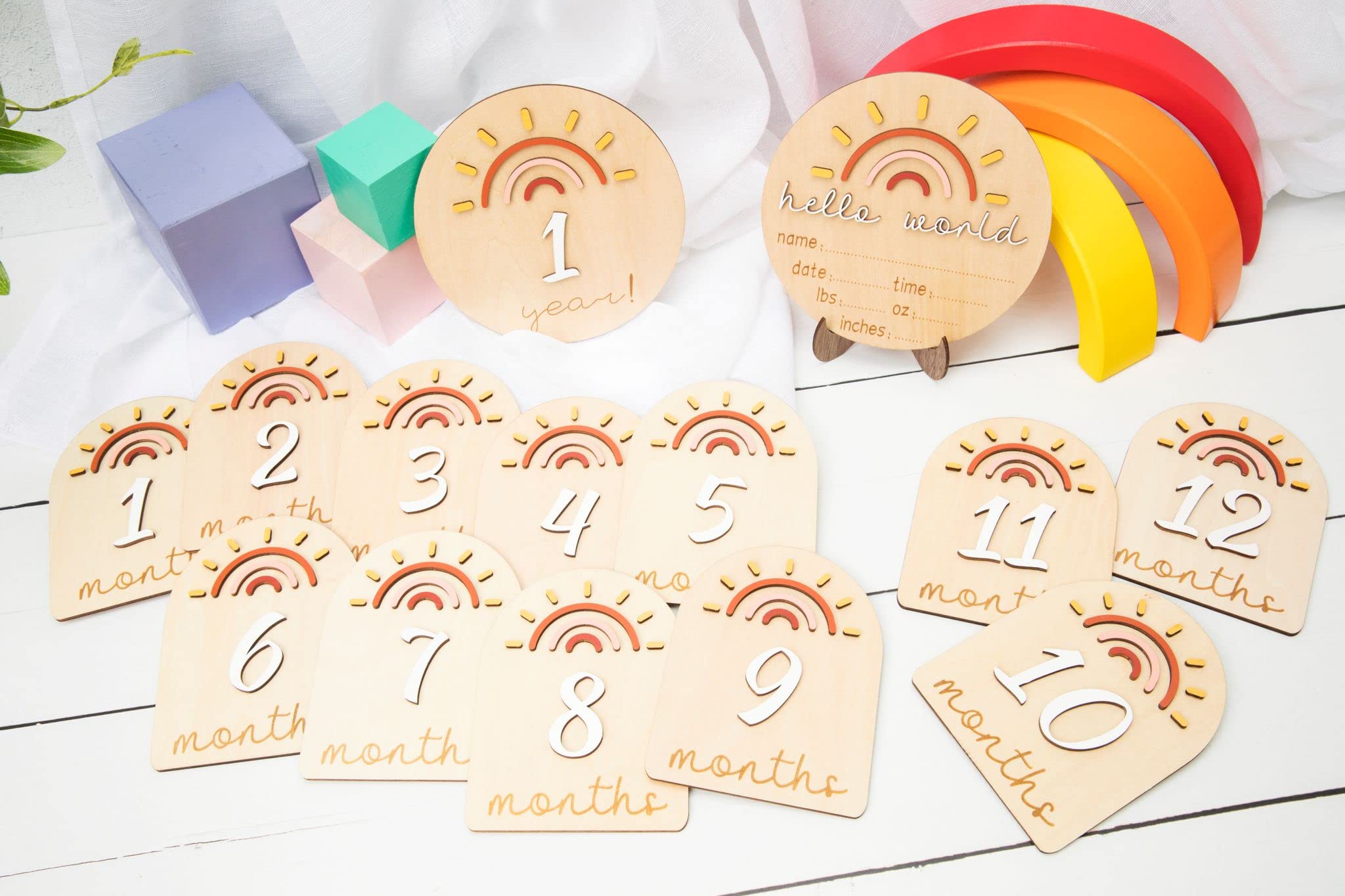 Baby Monthly Milestone Growth Announcement | Hello World | First Year | Photoshoot | Pregnancy Gift |Wooden Cards Markers Cutout Sunshine Rainbow Boho