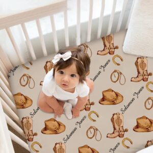 munific cowboy baby crib sheets, personalized western fitted crib bedding sheet with name, custom pack and play sheets, crib mattress sheets for baby boys girls, mini crib sheet | name crib sheets