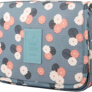 Trawila Travel Hanging Toiletry Bag Cosmetic Bag Makeup Organizers for Men & Women with Sturdy Hook (Blue flower)