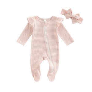 kuriozud newborn baby girl striped sleeper zipper footie romper ruffle one piece outfit infant clothes (0-3 months, striped ruffle pink)