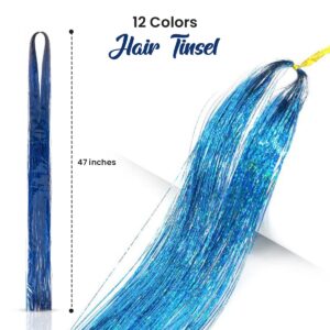 Osprey 47-Inch Hair Tinsel Extensions Kit with Tool - 12 Vibrant Colors and 3000 Strands - Glittery Hair Accessories for Women and Girls - Perfect for Christmas, New Year, Halloween, Cosplay and Party