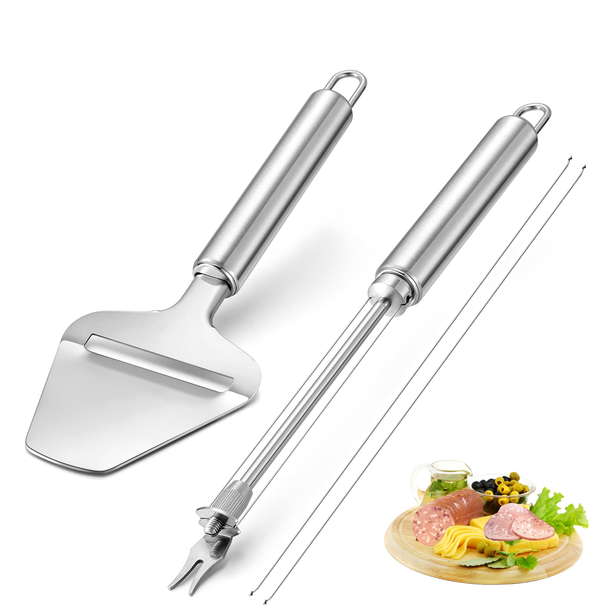 WarmHut Set of 2 Stainless Steel Wire Cheese Slicer for Block Cheese with 2 Replacement Wires, Cheese Cutter Plane Knives for Soft, Semi-hard, Hard Cheeses Kitchen Tool