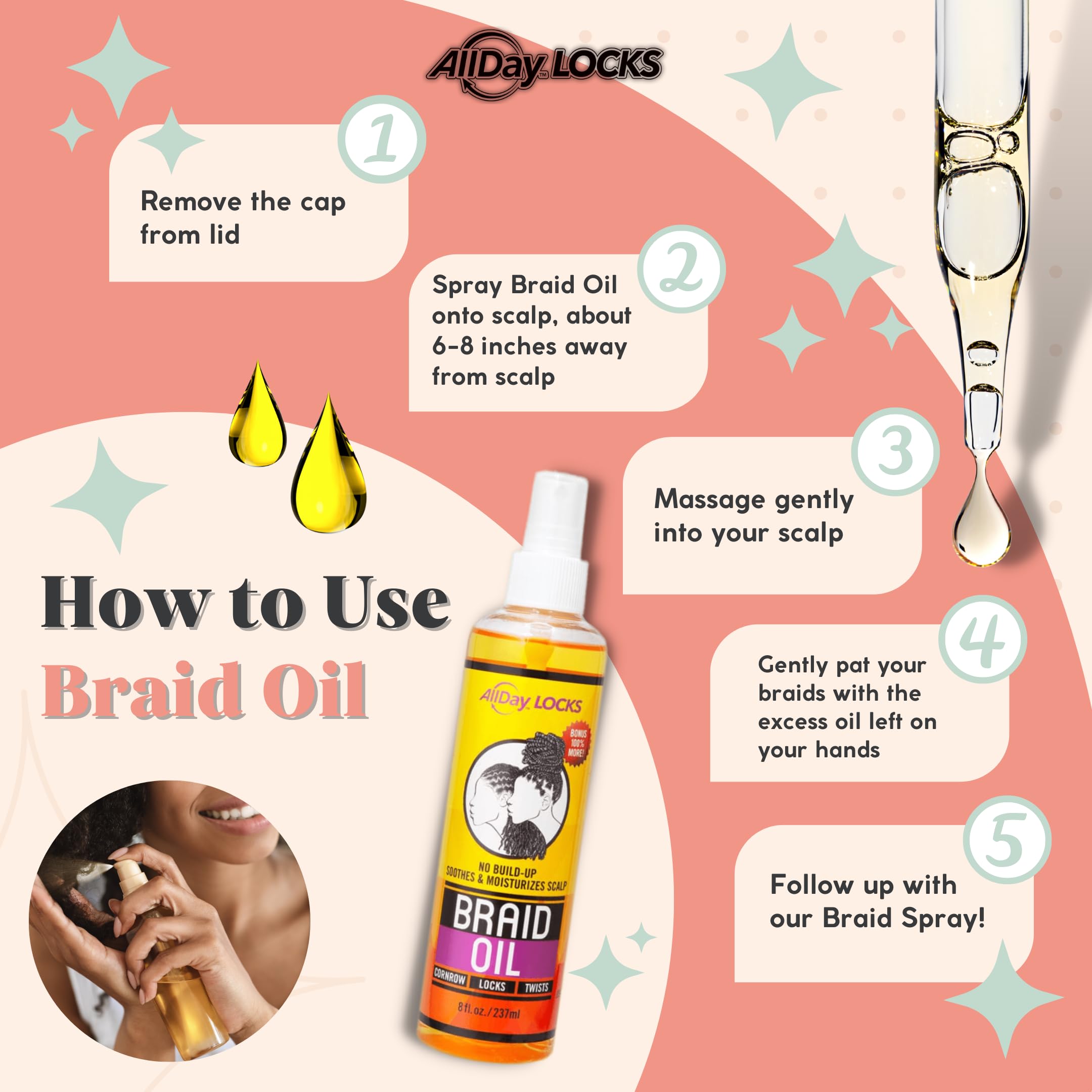 AllDay Locks Braid Oil | Soothes, Moisturizes Dry & Itchy Scalp | Nourishing, Soothing, Protecting Oil | Rejuvenates & Refreshes Braids, Locks, Twists, Cornrows | 8 oz