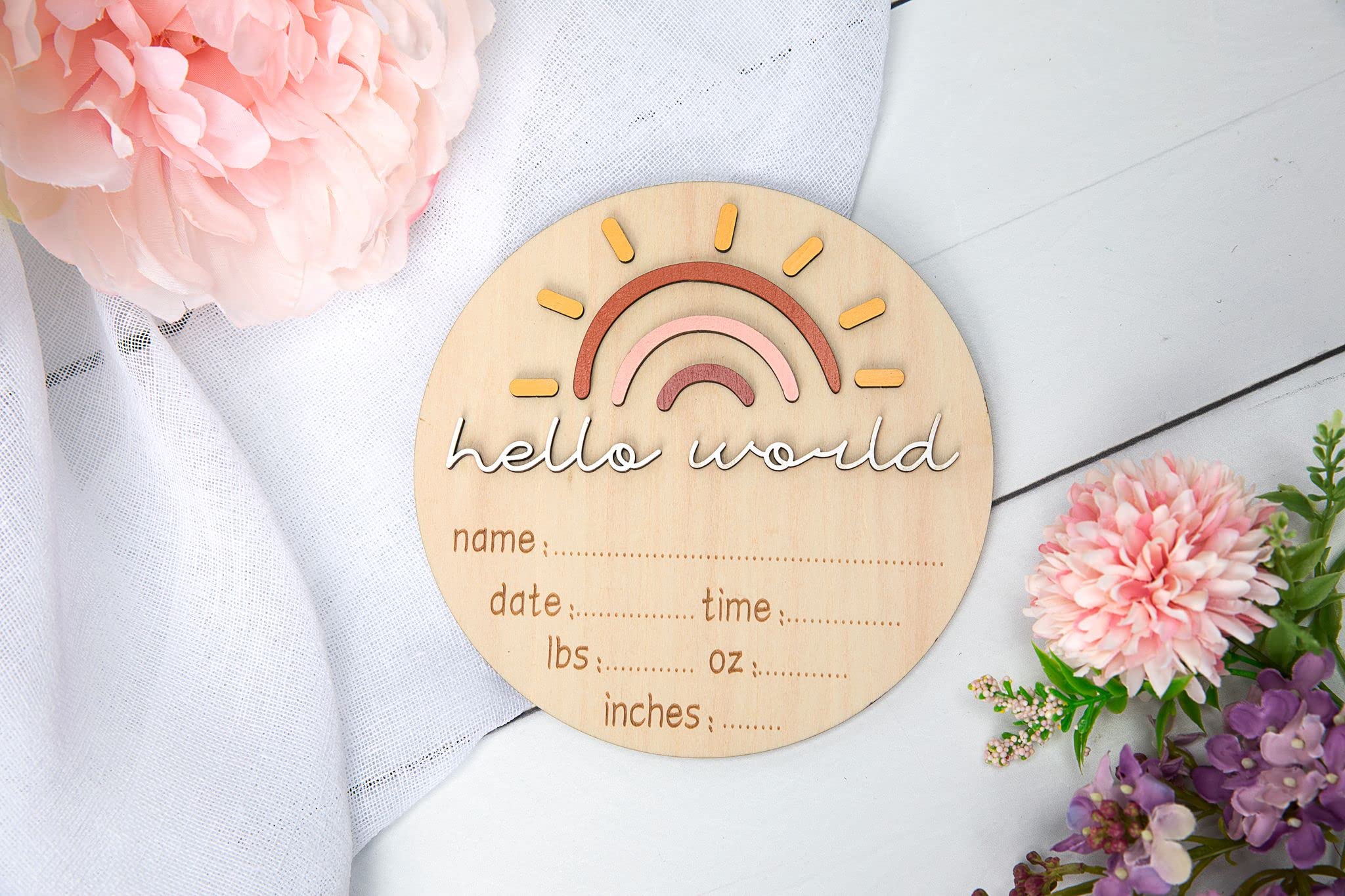 Hello World Newborn Baby Announcement | Sunshine Rainbow Name and Measurements Hospital Birth Pregnancy Gift