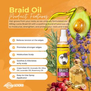 AllDay Locks Braid Oil | Soothes, Moisturizes Dry & Itchy Scalp | Nourishing, Soothing, Protecting Oil | Rejuvenates & Refreshes Braids, Locks, Twists, Cornrows | 8 oz