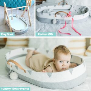 Vesta Baby Woven Cotton Rope Moses Changing Basket Set - Nursery Dresser Table Topper with Soft Foam Pad & 2 Natural Bamboo Waterproof Covers for Easy Diaper Change - Neutral Boho Gray & Beige Décor