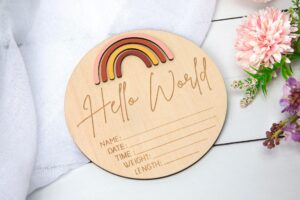 hello world newborn baby announcement | rainbow boho name and measurements hospital birth pregnancy gift