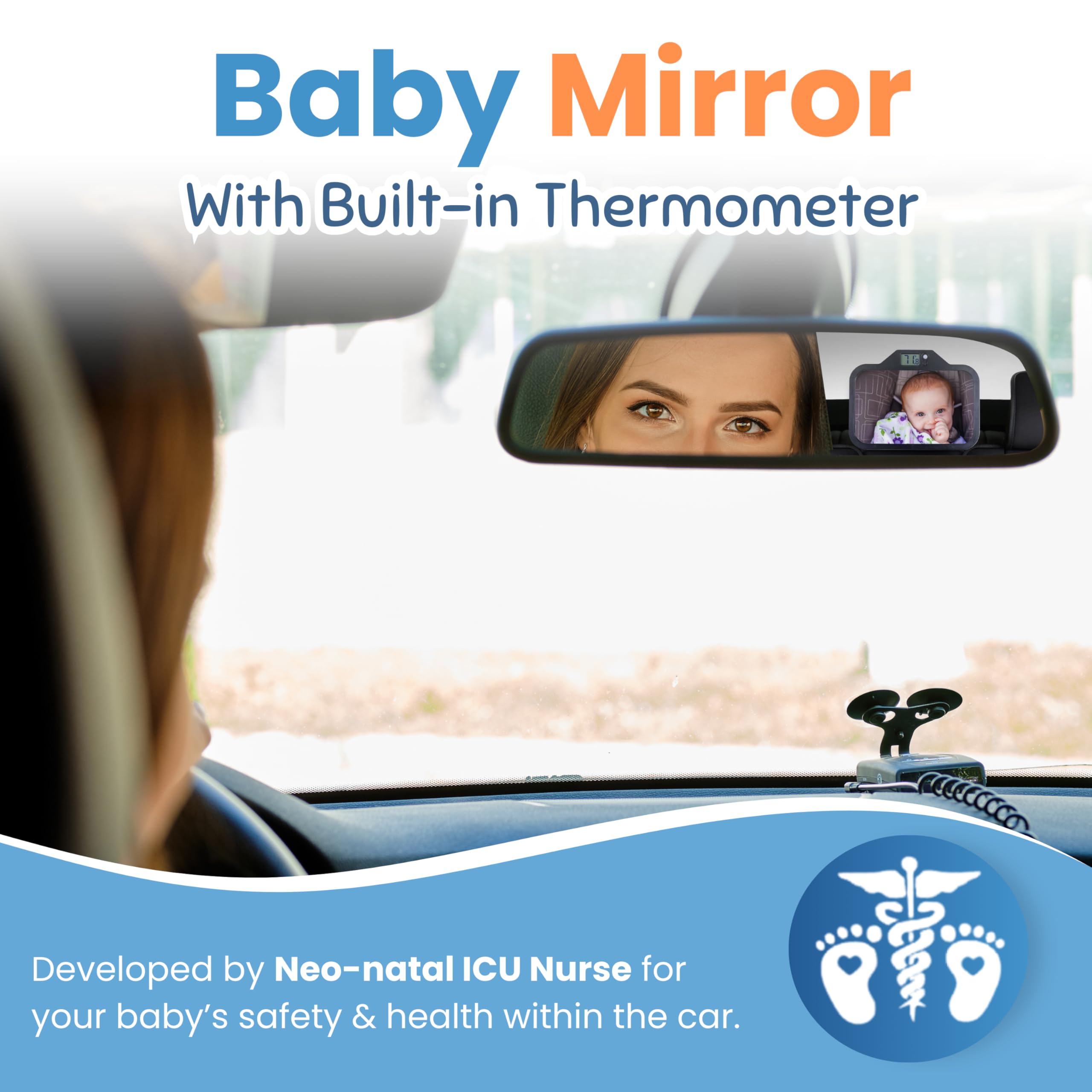 Thermomirror - Baby Car Mirror with Temperature Display, Car Seat Mirror for Baby Rear Facing, New Born Essentials Must Haves, Infant Car Seat Mirror for Baby Travel Gear - Wide Angle (Black)