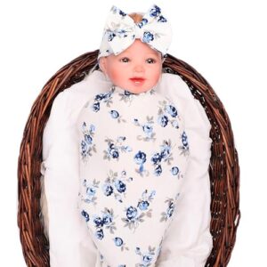 newborn swaddle blanket, baby receiving blanket wrap with headband for 0-3 month baby girl and boy(blue), one size