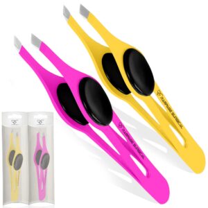 professional eyebrow tweezers slanted tip stainless steel 2,3xpcs set, non-slip grip slant tip tweezers for facial hair, plucking removing ingrown hairs, tweezer for women men (yellow&pink)