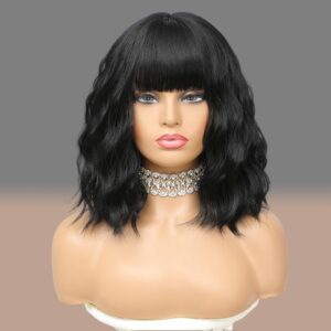 Elfairy Black Wig with Bangs Wig for Women 12in Short Bob Wavy Curly Wig Natural Black Hair Wigs Heat Resistant Hair Replacement Wigs(12'' Natural Black 1B)