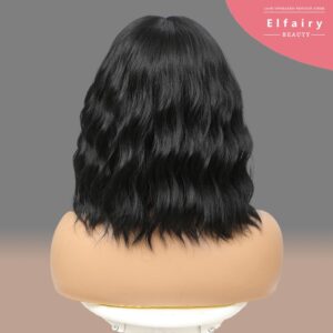 Elfairy Black Wig with Bangs Wig for Women 12in Short Bob Wavy Curly Wig Natural Black Hair Wigs Heat Resistant Hair Replacement Wigs(12'' Natural Black 1B)