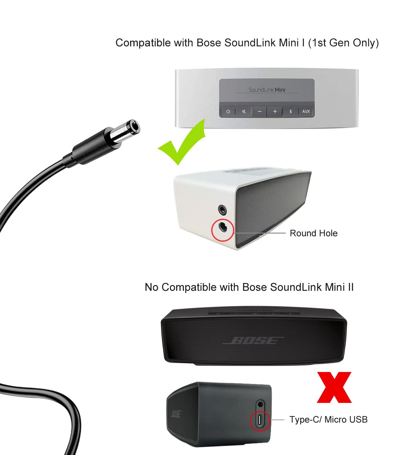 12V Charger for Bose SoundLink Mini (1st Gen ONLY) Speaker 359037-1300 371071-0011 413295 Power Cord Bose SoundDock XT 626209-1300 PSA10F-120 Bose Speaker SoundLink Mini Charger Replacement Cord 6 ft