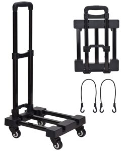 lougnee folding hand truck, 4 wheels fold up hand cart with 2 elastic ropes, portable foldable 220 lbs capacity heavy duty luggage cart, utility dolly platform cart for car house office moving, black