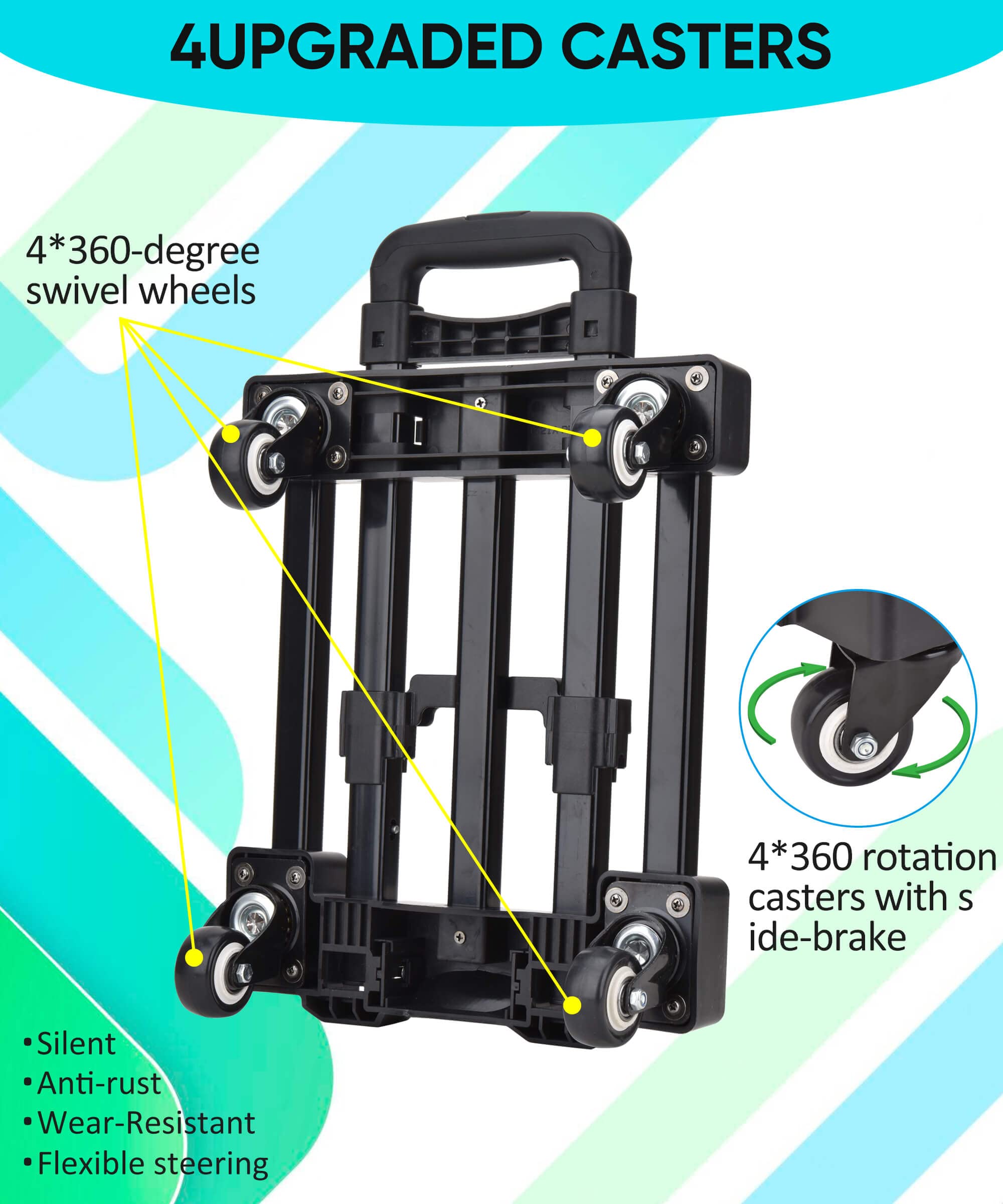 Lougnee Folding Hand Truck, 4 Wheels Fold Up Hand Cart with 2 Elastic Ropes, Portable Foldable 220 lbs Capacity Heavy Duty Luggage Cart, Utility Dolly Platform Cart for Car House Office Moving, Black